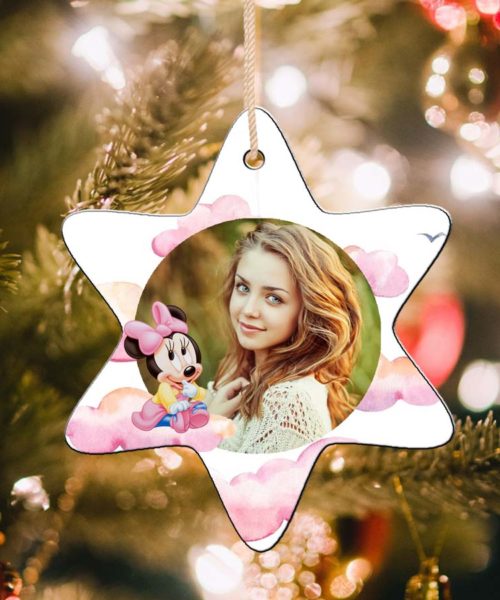 Stea de brad roz, globuri personalizate mari 14 cm